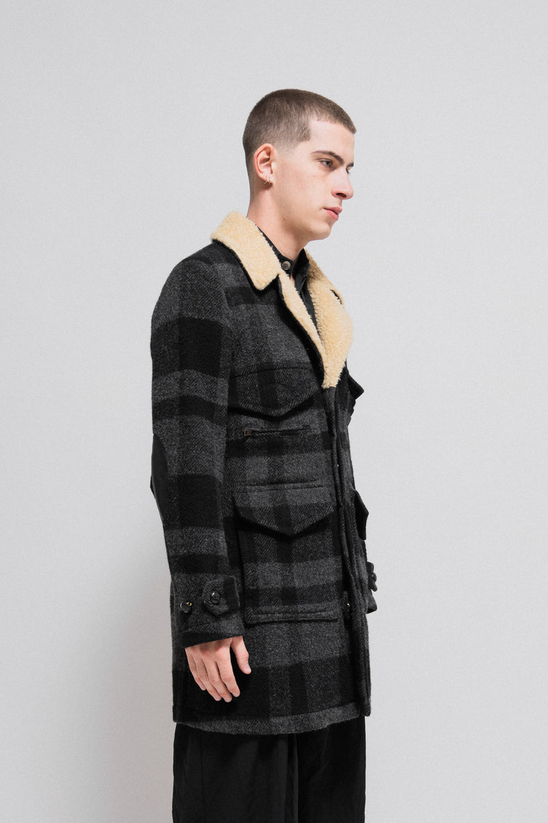 NUMBER NINE - FW08 Shearling plaid coat with leather elbow patches (ru ...