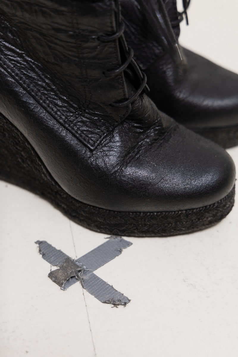 A.F VANDEVORST - SS15 Wrinkled leather boots with raffia wedge heels ...